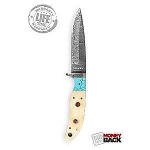 Perkin Handmade Damascus Steel Hunting Knife - Bone and Turquoise Handle -9 inches long