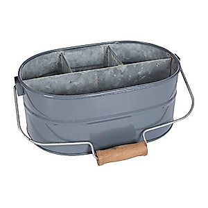 Farmhouse Utensil Caddy with 4 Compartments and Wooden Handle for Flatware, Condiments, Party Cutlery - Galvanized Metal Caddy for Indoor/Outdoor Use - Charcoal