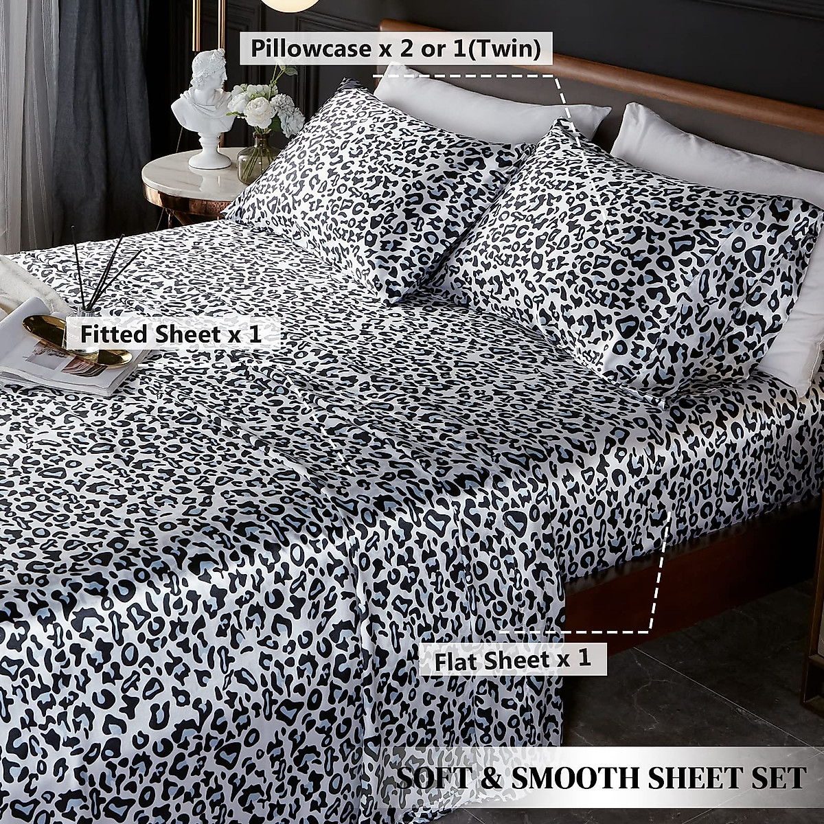 UDEAL King Sheet Set Satin Sheets and Pillowcase Sets Silky Soft Cooling Bed Sheets Set Deep Pocket Luxury Cheetah Print Breathable Sheet 90 GSM (4 Piece, Grey Leopard)