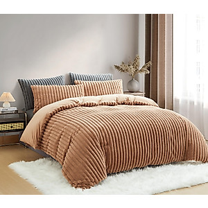 Jolusere Luxury Shaggy Plush Duvet Cover Set King Size Camel Velvet Bedding Set Faux Fur Fluffy Fuzzy Soft Furry Warm Winter Comforter Cover for Teen Girls Women Gifts 3 Pieces Farmhouse Bed Set