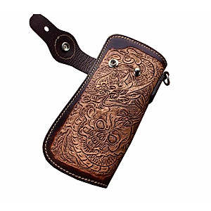 crazy hunter Dragon Skull Motorcylce Biker Cow Leather Card Holder Handmade Wallet With Chain L66