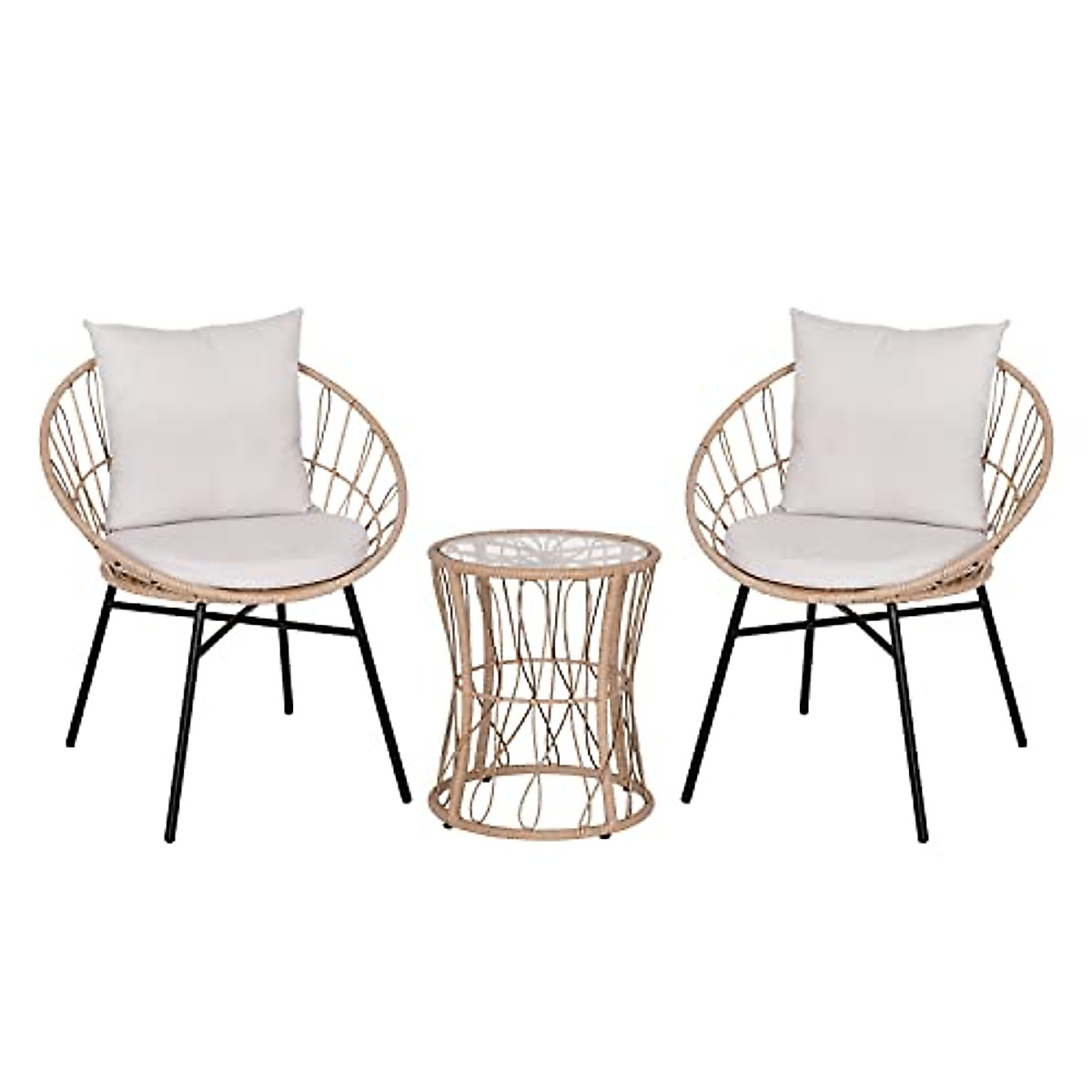 Flash Furniture Devon Indoor/Outdoor Bistro Set - Tan Finish Rattan Rope Papasan Style Chairs and Glass Top Side Table - Light Gray Back and Seat Cushions, 15.75x15.75x25, 3-Piece