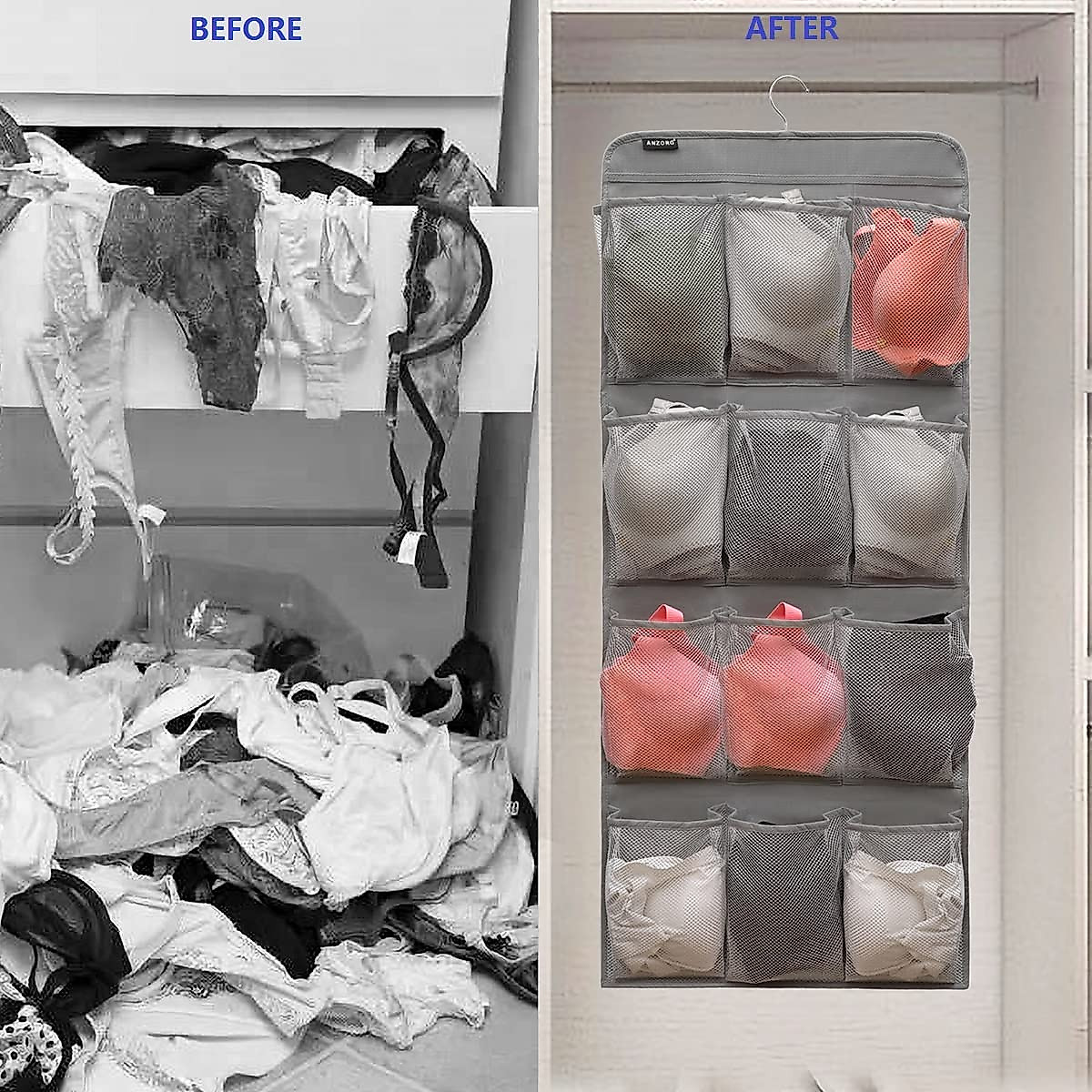 ANZORG Dual Sided Hanging Shoe Organizer for Closet with Rotating Hanger Hanging Shoe Rack Holder with 24 Large Pockets (Grey-Mesh Pockets)