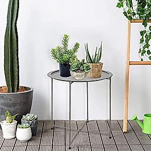Garden 4 you Folding Tray Metal Side Table Grey Round End Table Cyan Sofa Small Accent Fold-able Table, Round End Table Tray, Next to Sofa Table, Snack Table for Living Room and Bed Room