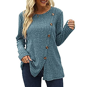 OFEEFAN Long Sleeve Shirts for Women Tunics Ladies Sweaters Winter Tops Blue L