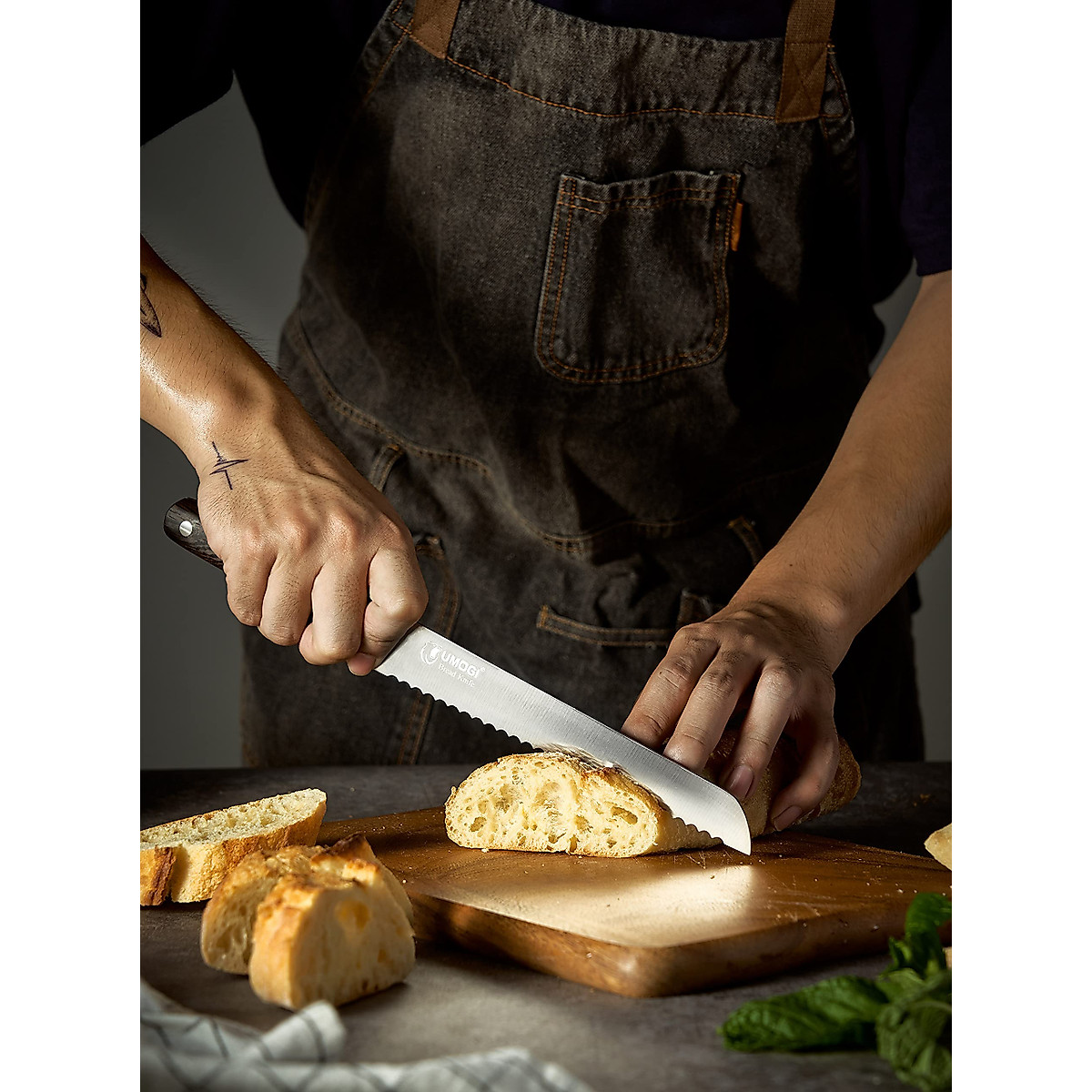 UMOGI Bread Knife 8 Inch with Sheath - German High Carbon Stainless Steel, Ergonomic Grip Full Tang Wood Handle - Serrated Edge Home Kitchen Knife for Bread Tomatoes & Cake
