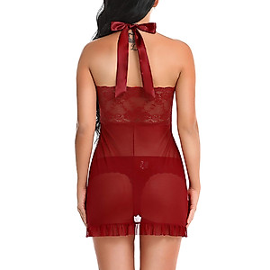 Ababoon Women Lingerie Nightwear Sexy Babydoll Lace Chemise (Wine Red, L)