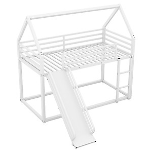 PVWIIK Twin Over Twin Metal Bunk Bed with Slide and Roof Design for Kids,Girls, Boys,House Shaped Bunk Bed Frame,No Box Spring Required,White