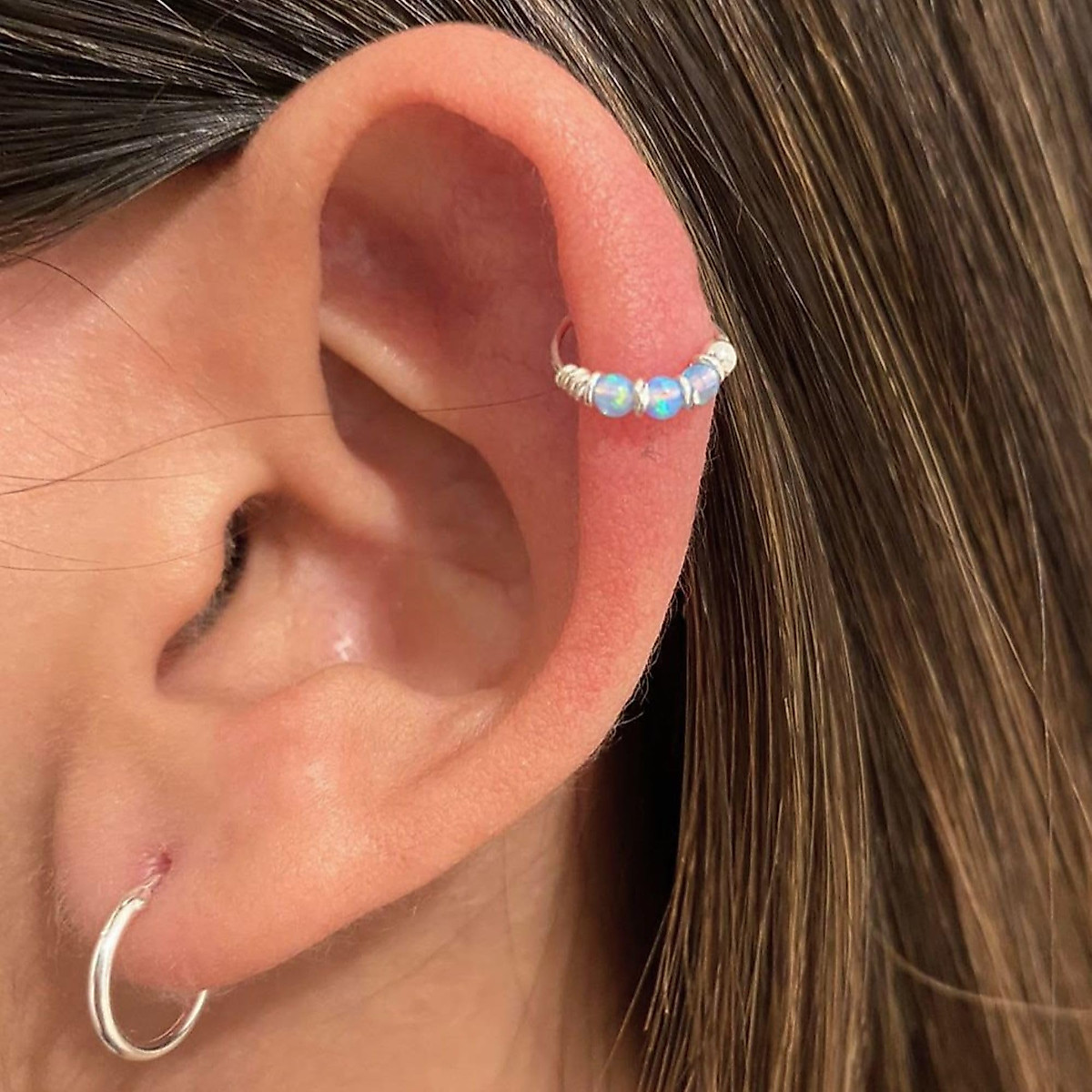 Handmade Silver Single 10MM Cartilgae Helix Piercing Hoop Earring with Trio Blue Opal, 925 Sterling Silver Very Small 10MM Thin 22Gauge Hoop for women, By Miya Jewelry