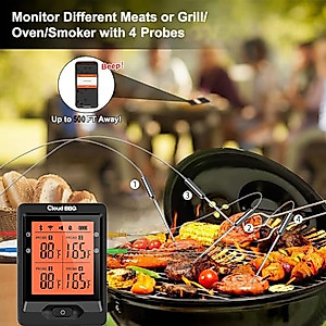 Cloud BBQ 500FT Wireless Meat Thermometer, Smart Rechargeable BBQ Thermometer with Four Probes, Bluetooth Meat Thermometer for Somker, Oven,Grilling, Cooking Turkey Fish Beef (FS-66)