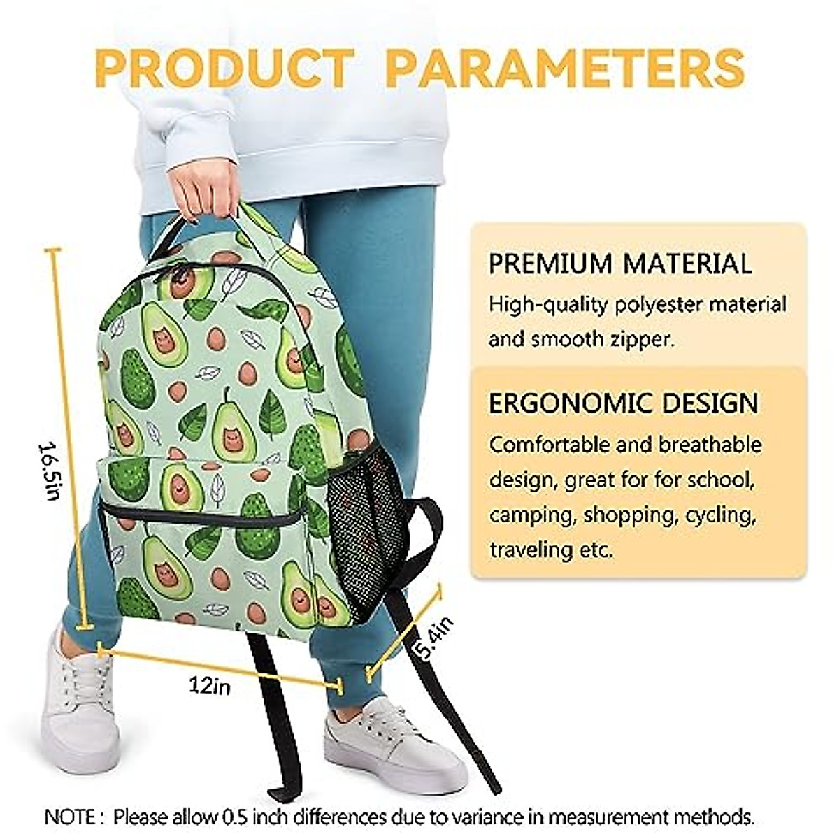 WARMRUG Avocado Girls Backpack for School, 16 inch Green Backpacks for Kids, Cute Lightweight Bookbag for Middle School