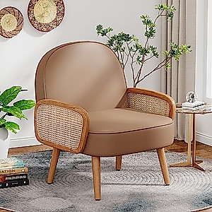 Aklaus Mid Century Modern Accent Chair Armchair with Rattan Arms Upholstered Rattan Boho Accent Chair for Living Room Bedroom Balcony Faux Leather Reading Chairs Side Club Chair Brown