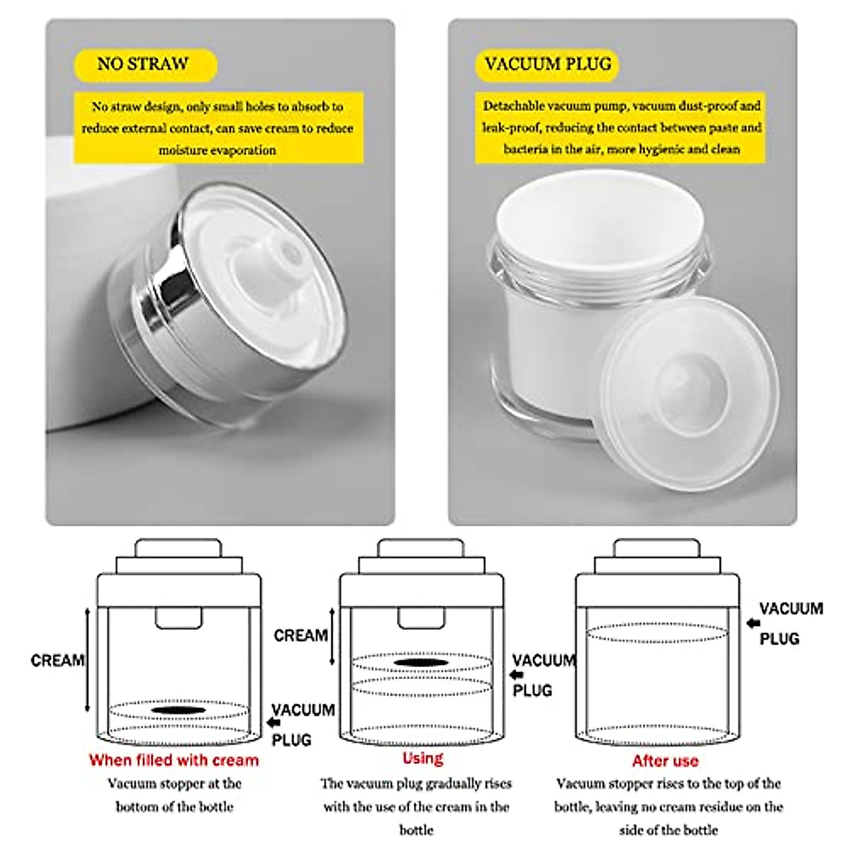 Roiper Cream Jar Vacuum Bottle, Makeup Lotion Travel Container Push Down Pump Dispenser, 15/30/50 ML Refillable Portable Airless Pump Bottles