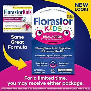 Florastor Kids Dual Action Probiotic Supplement, Strengthens Kids' Digestive & Immune Health, 20 Easy-to Mix Powder Sticks, Packaging May Vary