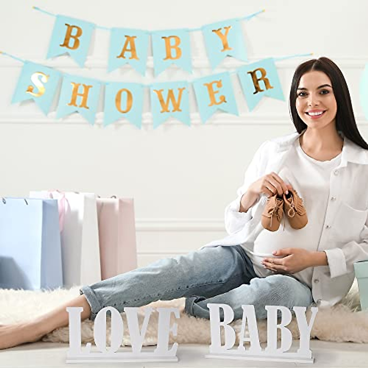 LOVE BABY Wooden Letter Block Sign for Baby Shower, Birthday Party, Gender Reveal Table Decorations – by ZouYee（White)