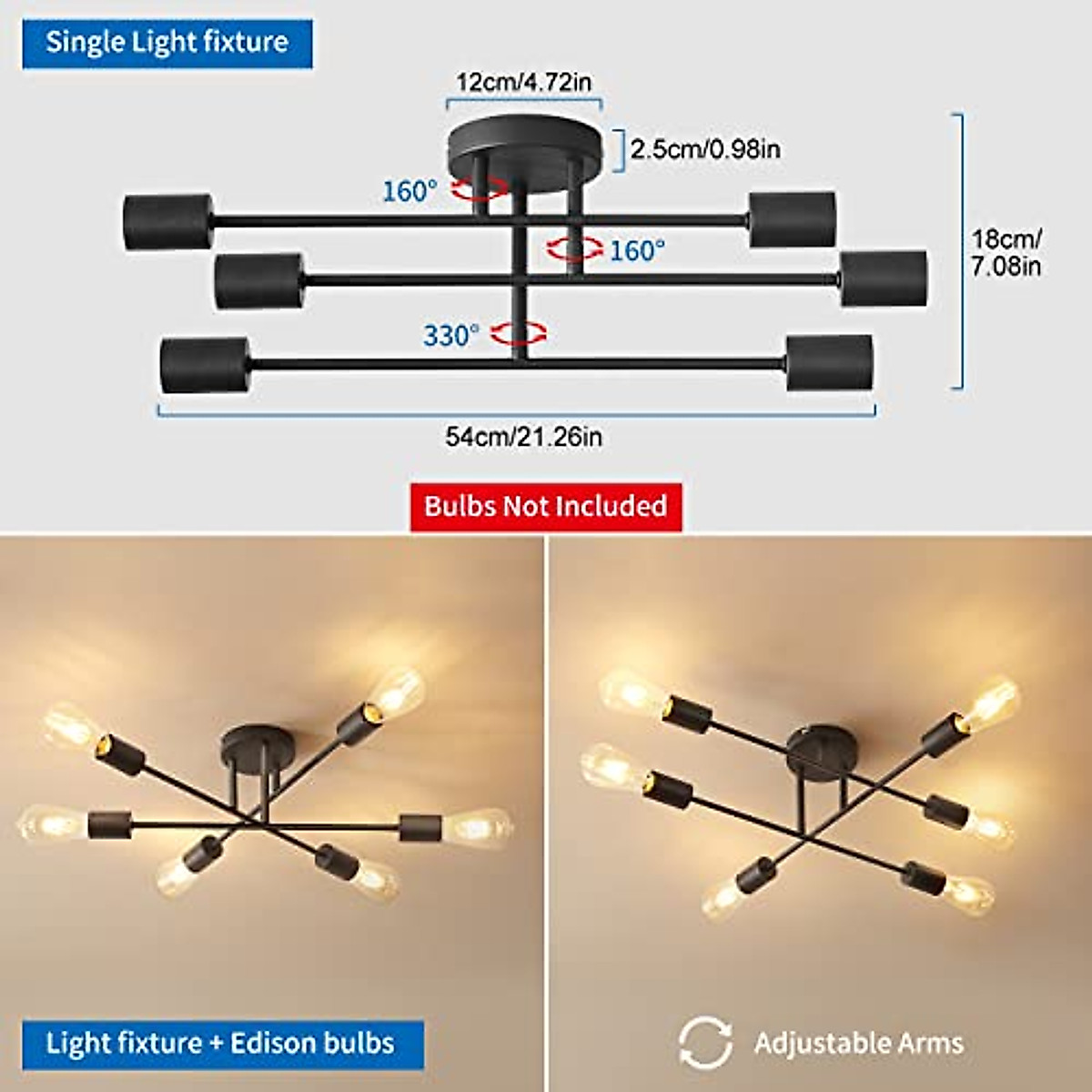 ANWIO Sputnik Chandelier, Mid Century Modern Nordic Pendant Lighting 6 Lights Black Ceiling Light Fixture Black Light for Living Room Kitchen, Bedroom, Dining Room, Kitchen, Office (Black)