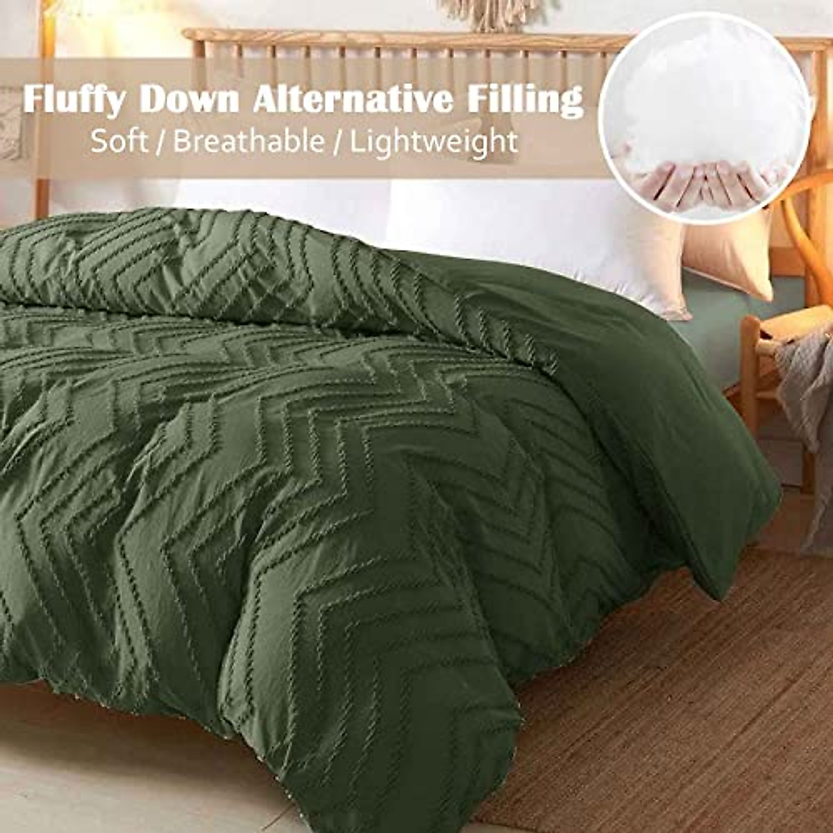 Nanko King Comforter Set Dark Green Tufted Jacquard Boho Soft Shabby Chic Reversible Down Alternative Microfiber Bedding - All Season Duvet Bohemia Bed Sets Women Men Size 104 x 90 3pc, Green