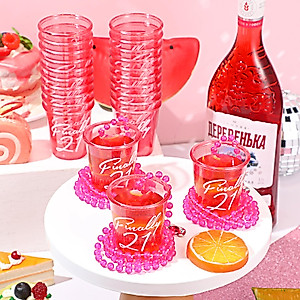 Bokon 24 Pcs 21st Birthday Shot Glass Finally 21 Birthday Shot Necklaces Cups Plastic 21st Shot Glass on Beaded Necklaces for Adults Party Supplies Favors Decorations(Hot Pink)