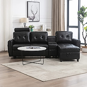 P PURLOVE L Shaped Sectional Sofa Couch,Modern Faux Leather Living Room Sofa, Modular 3 Seat Sofa Sectional with Storage and Cupholder for Apartment Office,(Black PU)