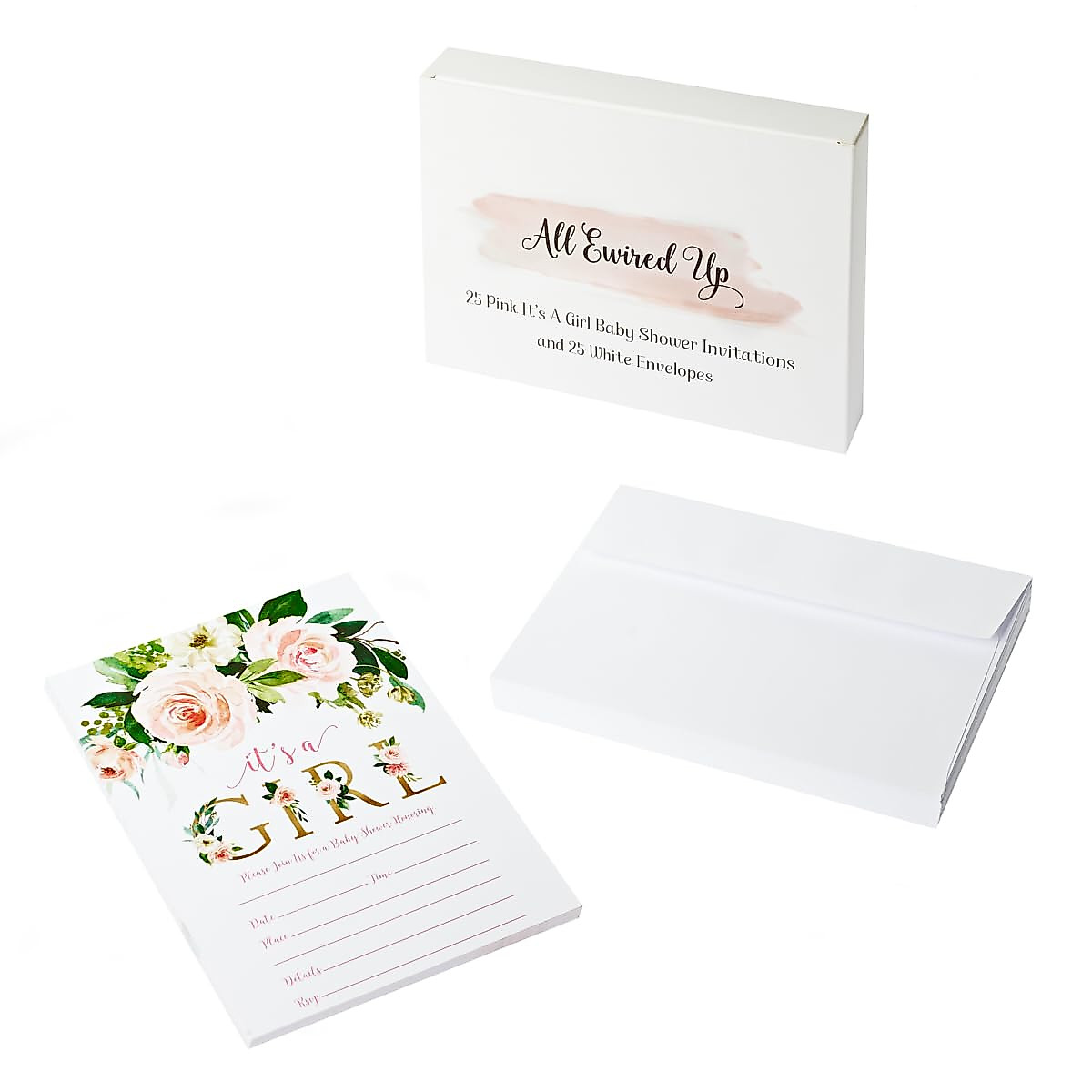 All Ewired Up 25 Pink It's A Girl Baby Shower Invitations with Envelopes (Large Size 5x7) Boxed Set, Double-Sided, Boho Floral Greenery, Sprinkle, Blush Boho
