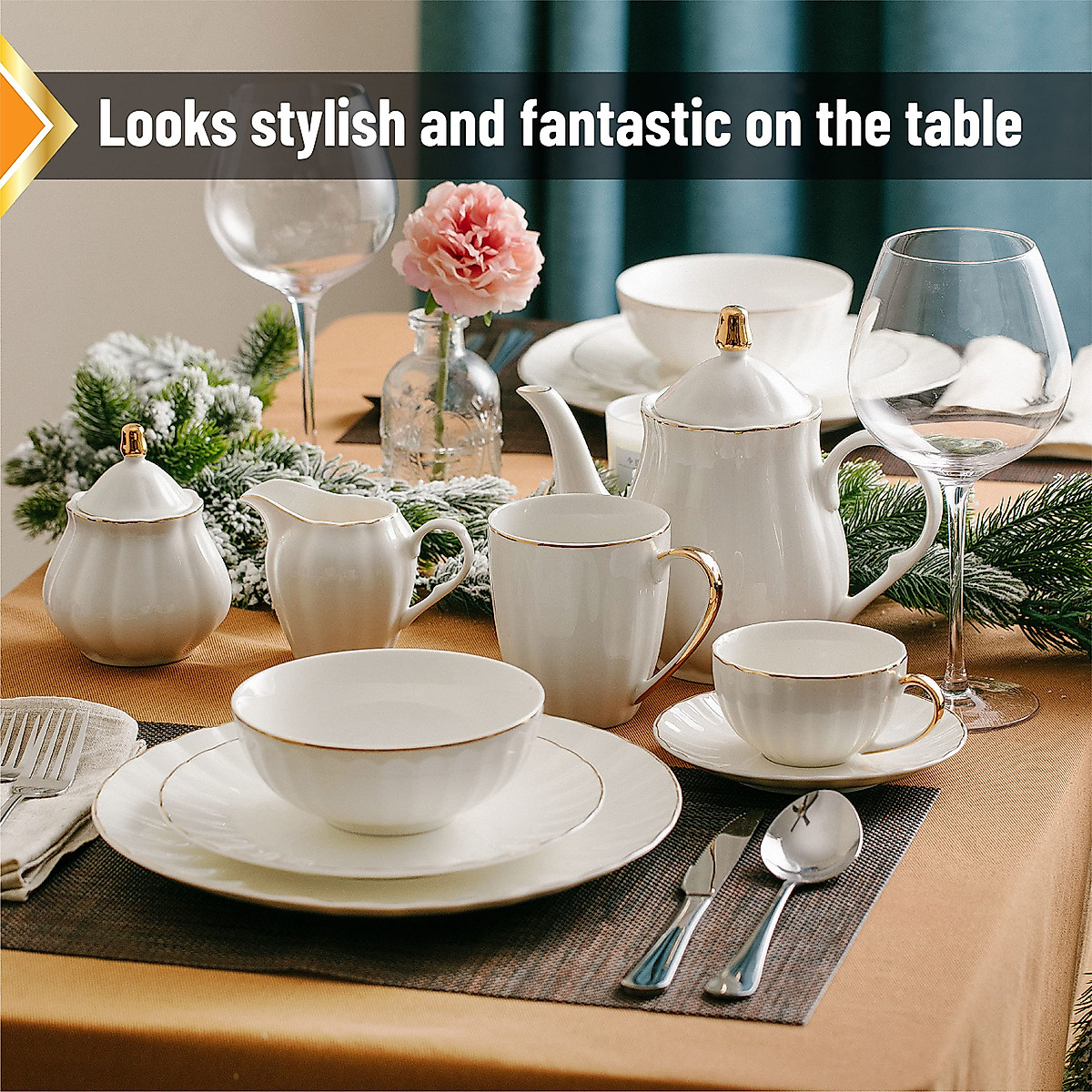 BTaT- Porcelain Dinner Plates with Gold Trim,10.5 inch, Set of 6, White Dinner Plates, White Dinner Plates Bulk, White Plate Set, Plates, Dinner Plates