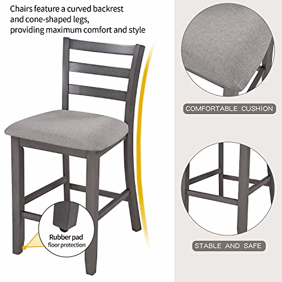 FANYE 5-Piece Counter Height Kitchen & Dining Room Dinette Furniture Sets Include Wooden Square Table with Bottom Storage Shelves and 4 Upholstered Back Chairs for 4 Persons Family Meal,Gray, Grey