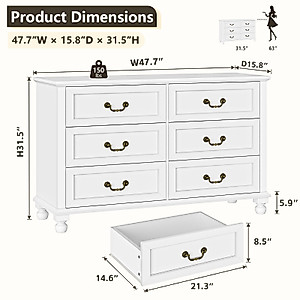 TVU White 6 Drawer Dresser for Bedroom, Vinatge Wood Chest of Drawers with Wide Storage Cabinet (White)