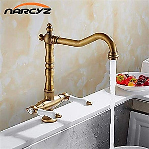 Y-LKUN 360 Degree Swivel Solid Brass Antique Bathroom Mixer Cold and Hot Kitchen Tap Single Hole Water Tap Kitchen Faucet