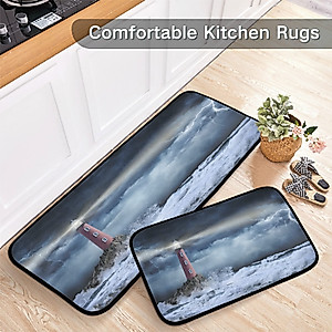 xigua 2 Pieces Stormy Landscape Lighthouse Kitchen Rugs and Mats Set Absorbent Soft Microfiber Bath Mat Non-Slip Doormat Laundry Runner Set, 19.7"x47.2"+19.7"x27.6"