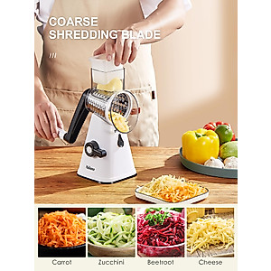 Yabano Rotary Cheese Grater Cheese Shredder with Handle, Vegetable Slicer for Kitchen, 3 Replaceable Stainless Steel Drum Blades, Easy To Use & Clean, Manual Nuts Grinder with Cleaning Brush, White