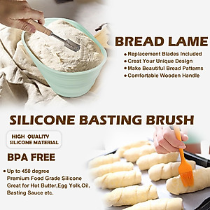 Neddie Silicone Banneton Bread Proofing Baskets, 9 Inch Round & 10 Inch Oval Foldable Sourdough Baking Basket, Complete Set for Bread Making With Essential Tools, Easy to Clean and Storage (Green)