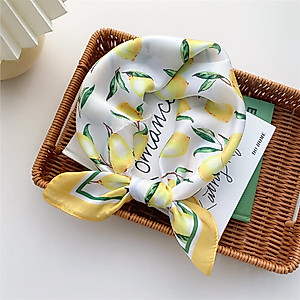 NaSoPerfect Silk Like Scarf Square Handkerchief Lemon Pattern Satin Ribbon Neck Scarfs for Women Yellow 21" x 21"