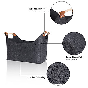 Sindax Storage Basket Felt, Foldable Storage Bin with Wood Handles, Storage Box for Office Bedroom Nursery Laundry Books Clothes Toys Organizing - 15.7" x 9.8" x 11" Grey