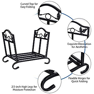 GOFLAME Firewood Log Rack Foldable, Indoor Outdoor Firewood Holder Stacker with Decorative Leaf Pattern and Arched Feet, Patio Firewood Storage Holder for Fireplace Pit