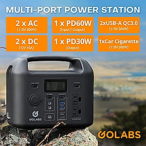 GOLABS R300 Portable Power Station, 299Wh LiFePO4 Battery Backup with 300W Pure Sine Wave AC Peak 500W, Car Outlets, PD 60W Quick in/out Solar Generator for Outdoor Camping Emergency CPAP Black