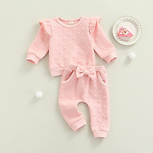 Ynibbim Valentine Baby Girl Clothes Set Ruffle Long Sleeve Sweatshirts Tops Pants Heart-Shape Printed Outfit (Pink, 6-12 Months)