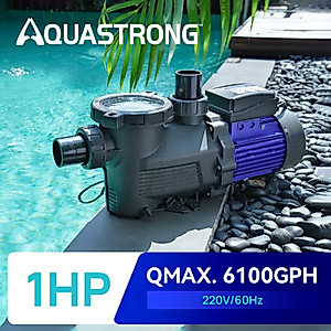 AQUASTRONG 1 HP In/Above Ground Pool Pump with Timer, 220V, 6100GPH, High Flow, Powerful Self Primming Swimming Pool Pumps with Filter Basket