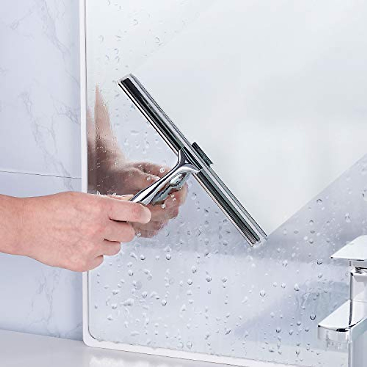 Shower Squeegee for Glass Doors 10 Inches Stainless Steel Squeege for Window and Car, 4 Suctions Shower Mirror