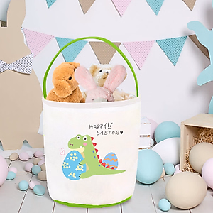 Cerlaza Easter Gift Basket Empty for Kids Canvas Tote, Easter Dinosaur Holding Eggs Hunt Basket with Handle for Toys Carrying, Cute Design Cotton Basket for Easter Party Supplies