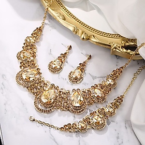 BriLove Women's Teardrop Crystal Statement Necklace Cluster Hollow Dangle Earrings Chain Bracelet Bib Jewellery Set for Wedding Bride Bridesmaid Champagne Gold-Toned