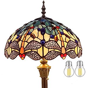 WERFACTORY Tiffany Floor Lamp Blue Yellow Stained Glass Dragonfly Standing Reading Light 16X16X64 Inches Antique Pole Corner Lamp Decor Bedroom Living Room Home Office S128 Series