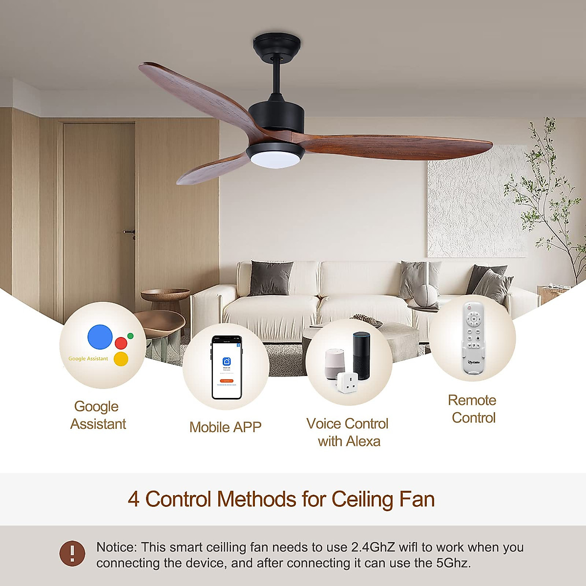 Ovlaim 52 Inch Solid Walnut Wood Ceiling Fans with Lights Remote Control, 3 Blade Propeller Smart Ceiling Fan for Bedroom Living Room Indoor Outdoor, ETL Listed High CFM Quiet DC Motor