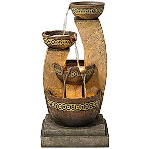 Four Bowl Modern Rustic Outdoor Cascading Floor Water Fountain with LED Light Faux Stone 41" for Yard Garden Patio Backyard Deck Home Lawn Porch House Exterior Balcony - John Timberland