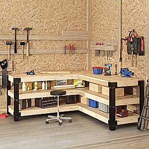 FLEXIMOUNTS Universal Steel Workbench Kit 5 Legs L Shaped Heavy Duty Work Bench for Garage Storage Shelving Workbenches Frame Black Customizable Work Table Brackets, Lumber Not Included
