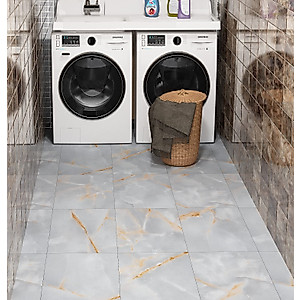 FunStick Grey Gold Marble Peel and Stick Floor Tile 12 x 12 Inch 15 Pack Self Adhesive Vinyl Flooring Peel and Stick Tiles for Floor Waterproof Kitchen Bathroom Bedroom Removable Floor Tile Stickers