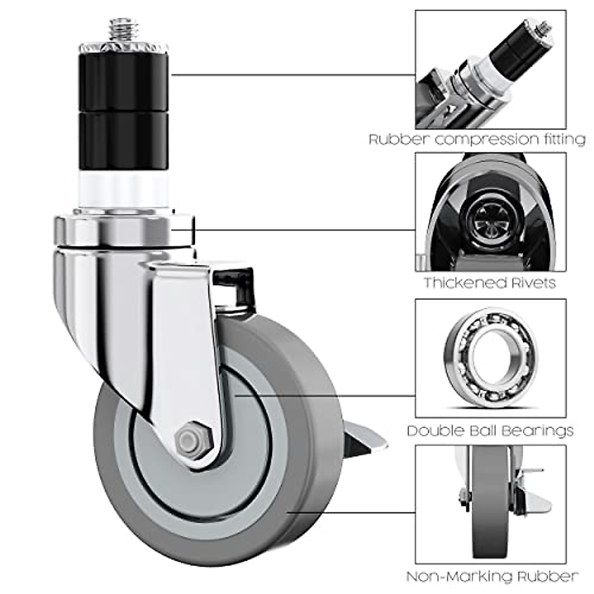 Houseables Kitchen Table Caster Wheel, 4 Pk, 4 Inch, Grey, Polyurethane, 300 LB Load Capacity Per Wheel, with Locking Mechanism, Adjustable, Swivel, Expanding Stem Caster, Furniture, Hardwood Floor