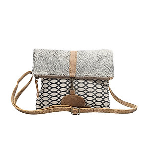 Myra Bag Foldover Cowhide & Upcycled Canvas Crossbody Bag S-1154, Brown, One Size