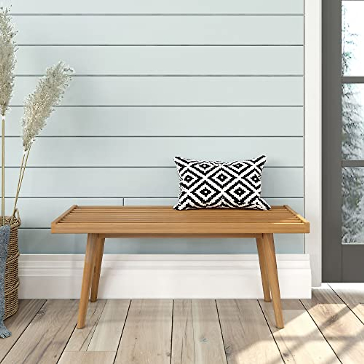 Plank+Beam Entryway Bench, Wooden End of Bed Bench for Bedroom, Mid-Century Modern Square Bench for Hallway, Living Room, Indoor, Porch, 41.25", Pecan