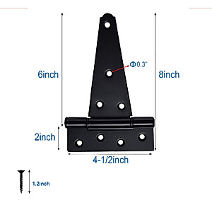 6 Inch T-Strap Heavy Duty Shed Door Hinges，4 PCS Black Wrought Hardware Rustproof Gate Hinge for Wooden Fence,Barn Door Gates,Yard Door