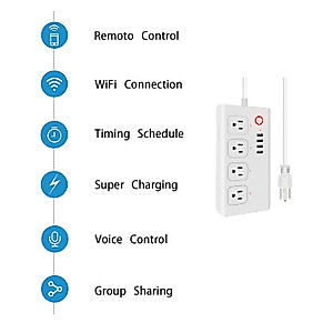 WiFi Smart Power Strip,WiFi Smart Plug Extension Lead, 4 AC Outlets and 4 USB Charging Port,10Amp,Compatible with Alexa/Google Home, No Hub Required,ETL Listed ,FCC Certified